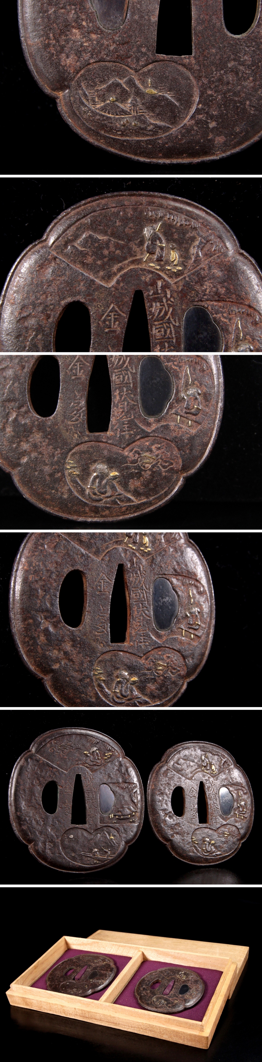 【樂淘letao】日本代購代標第一品牌－【靨】時代 山城国伏見住金家 鉄地賢人山水図金象嵌鍔 大小2点 総重量258g 刀剣武具骨董[R14]RS/25.2/IT/(60)