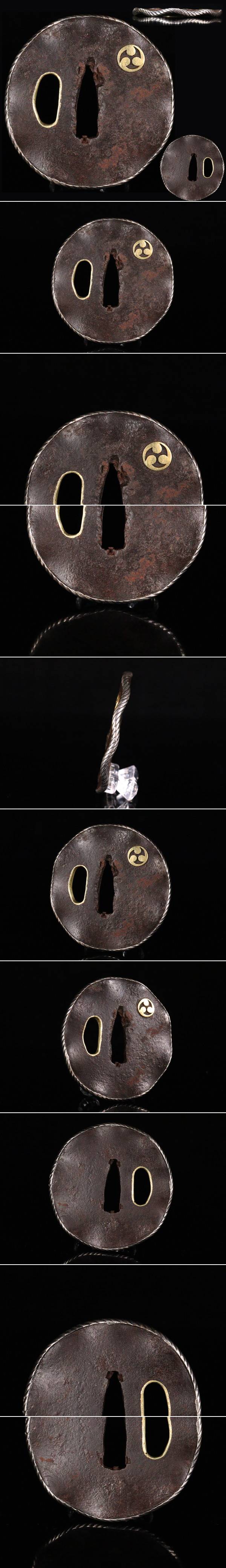 【樂淘letao】日本代購代標第一品牌－【櫻】時代 薩摩鍔 鉄地 三つ巴家紋金象嵌 丸形鍔 波打ち 6.8cm 武具 刀装具[7691i]