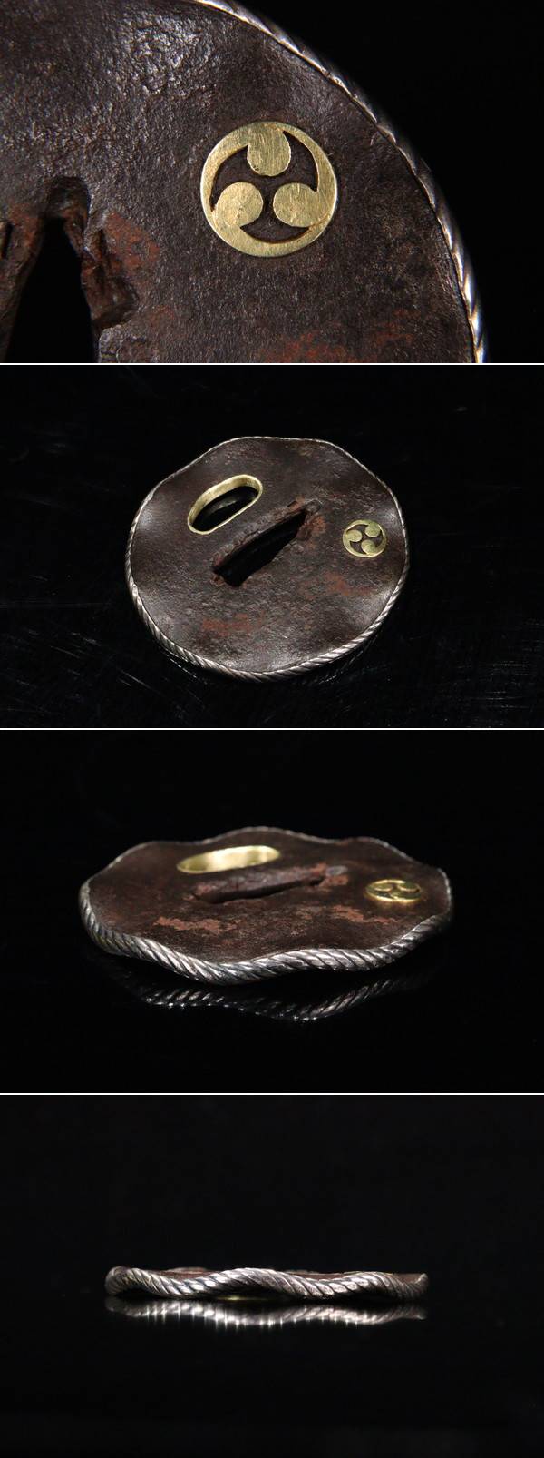 【樂淘letao】日本代購代標第一品牌－【櫻】時代 薩摩鍔 鉄地 三つ巴家紋金象嵌 丸形鍔 波打ち 6.8cm 武具 刀装具[7691i]